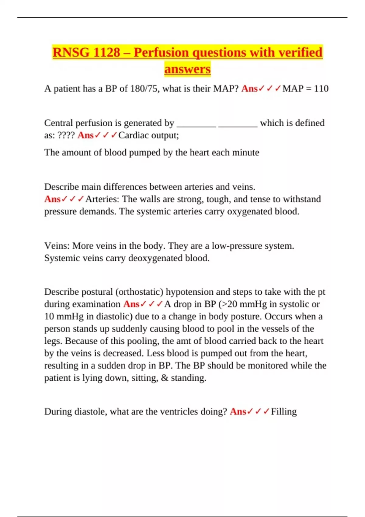 RNSG 1128 – Perfusion Questions with Verified Answers | Cardiac Output ...