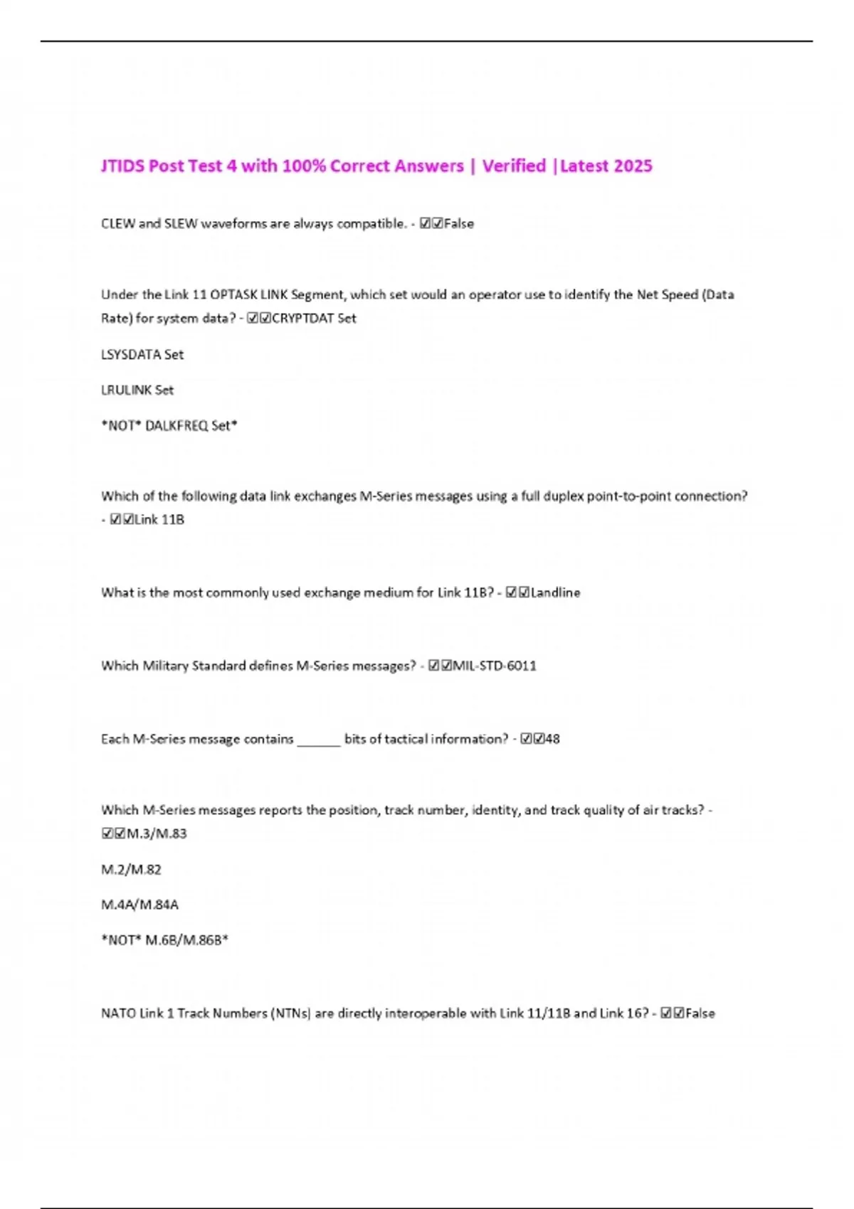 JTIDS Post Test 4 with 100% Correct Answers | Verified |Latest 2025 ...