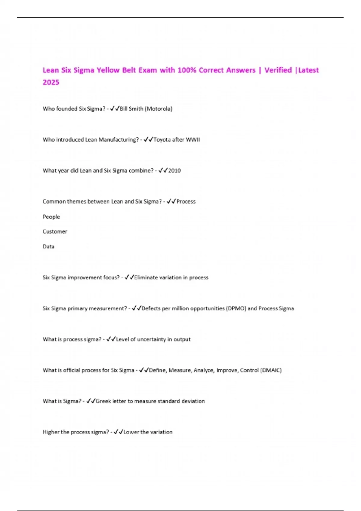 BUNDLE::Lean Six Sigma Yellow Belt EXAMS AND STUDY GUIDES With Complete ...