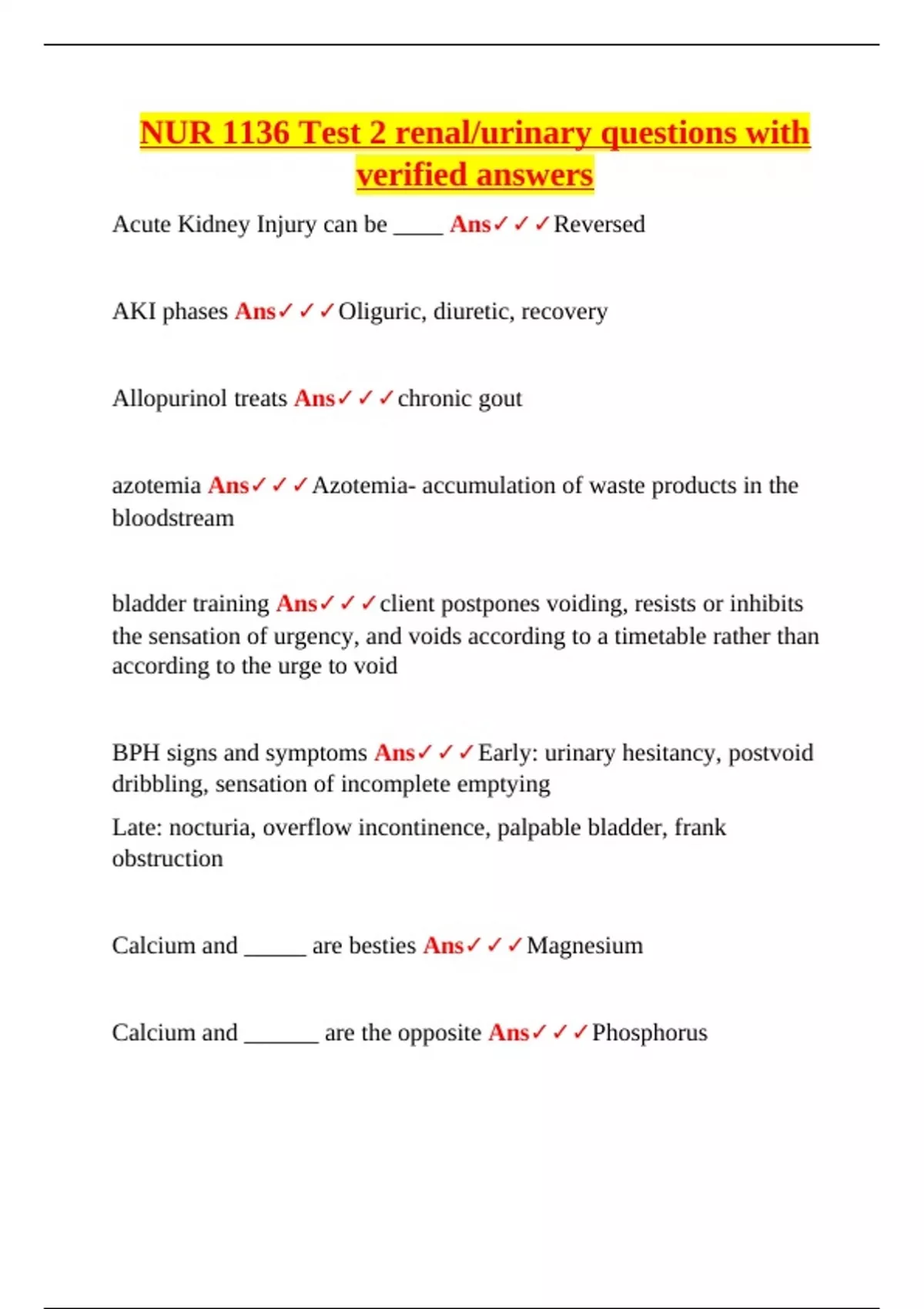 NUR 1136 – Test 2 Renal/Urinary Questions with Verified Answers ...