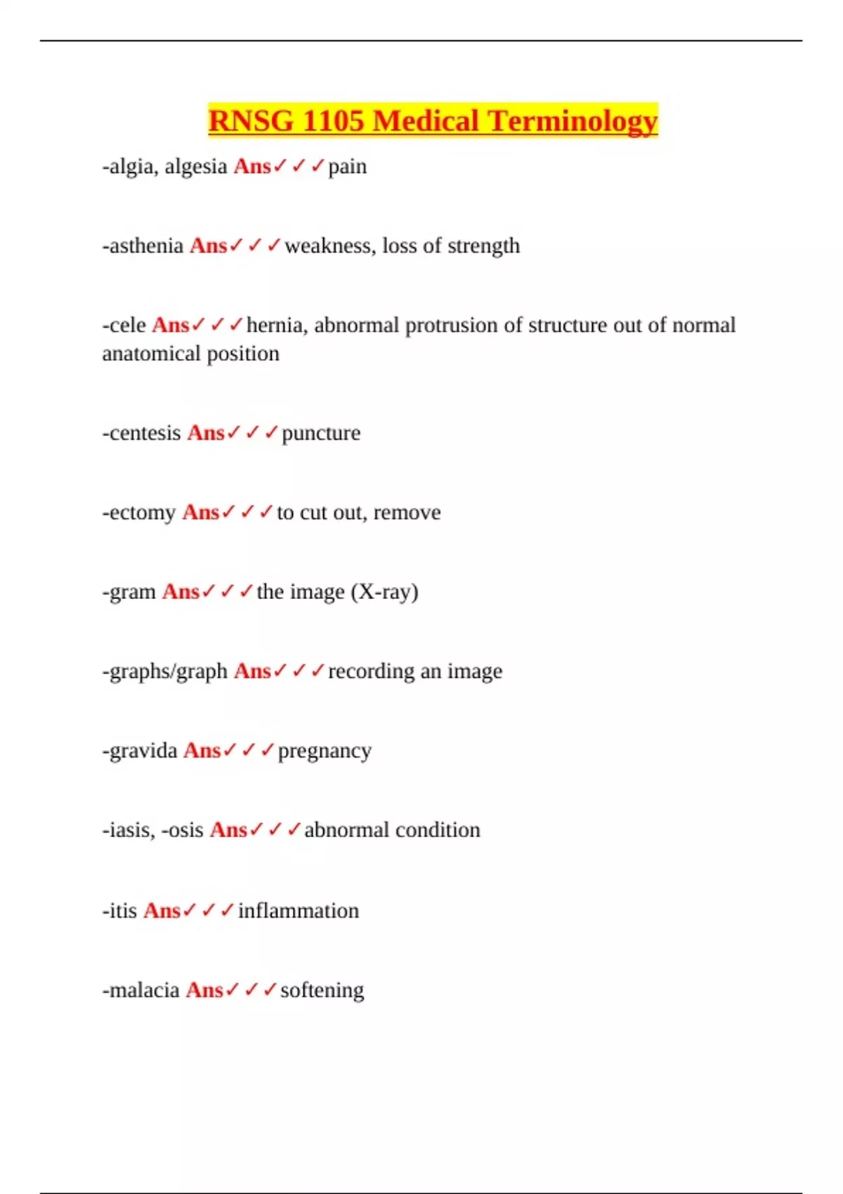 RNSG 1105 Medical Terminology – Temple College – Complete Vocabulary ...