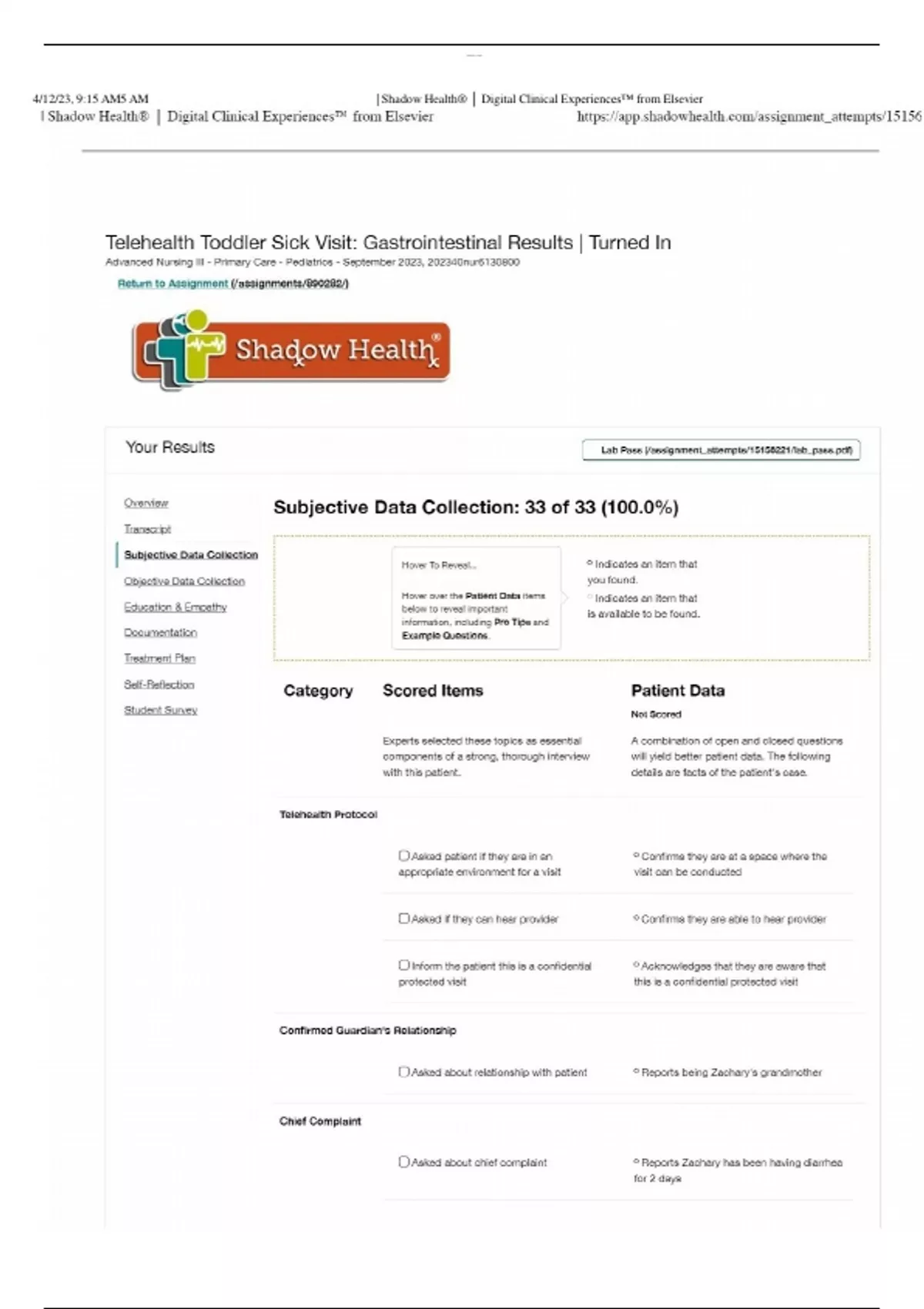 Shadow Health Telehealth Toddler Sick Visit Gastrointestinal Results ...