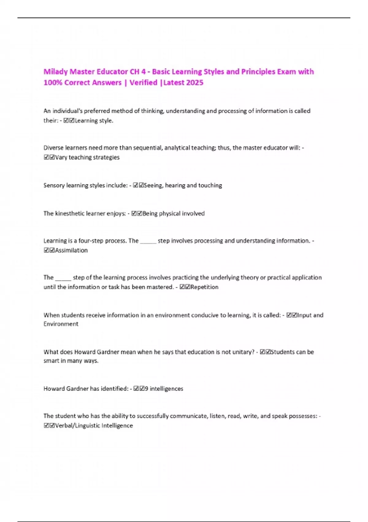 Milady Master Educator CH 4 - Basic Learning Styles and Principles Exam ...