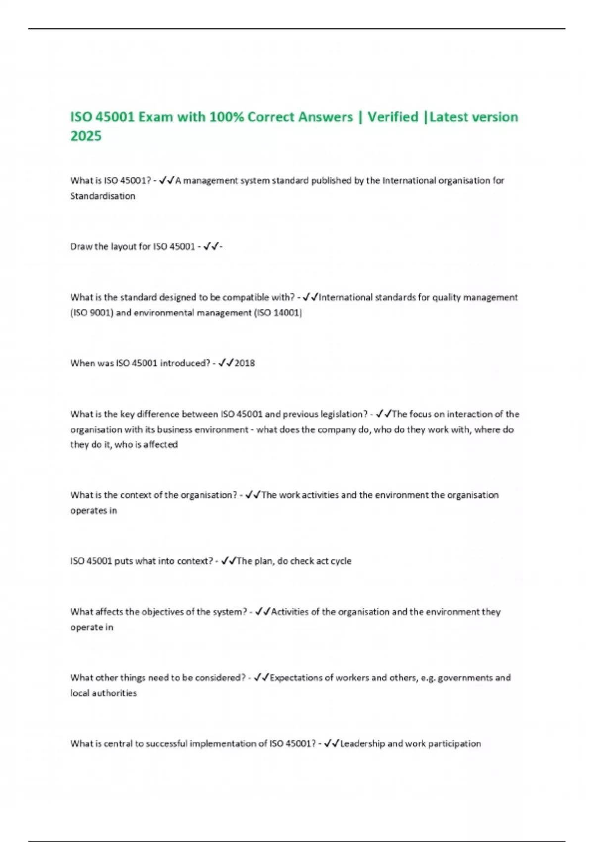 ISO 45001 Exam with 100% Correct Answers | Verified |Latest version ...