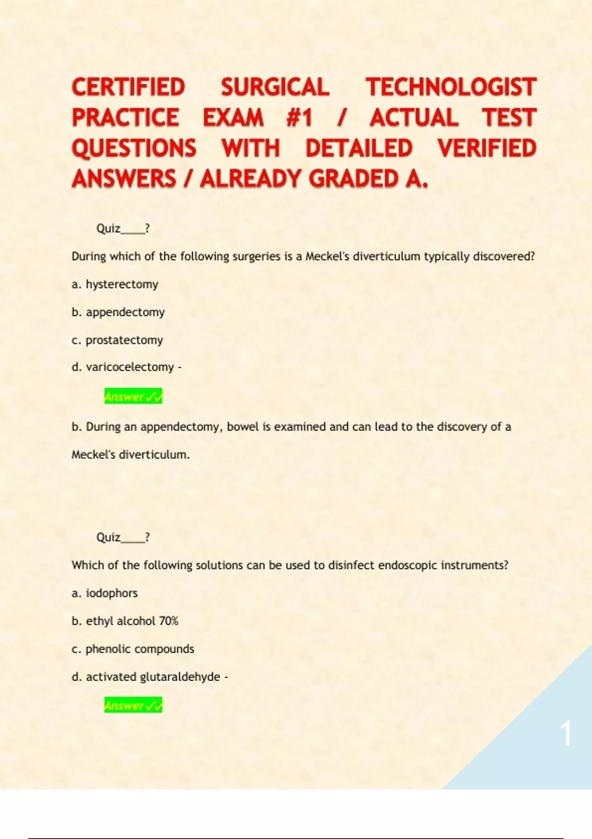 CERTIFIED SURGICAL TECHNOLOGIST PRACTICE EXAM #1 / ACTUAL TEST ...