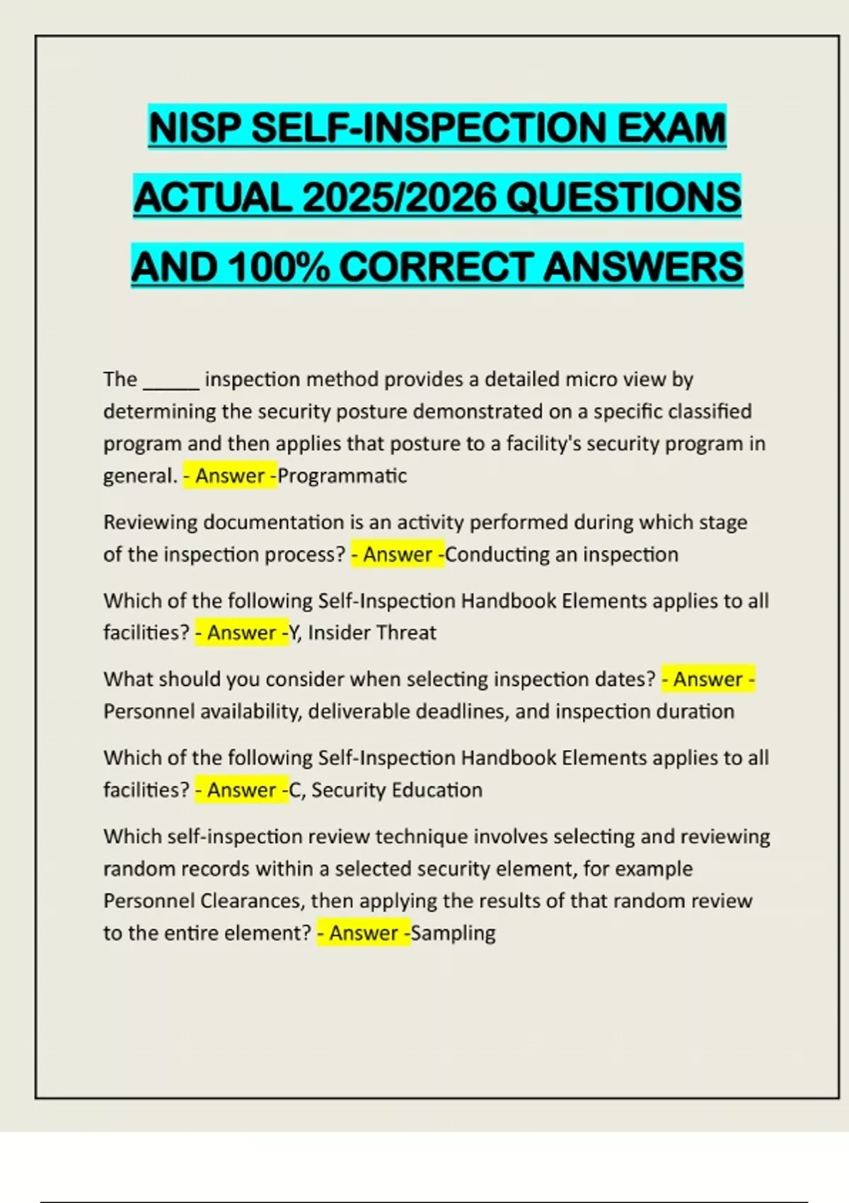 NISP SELF-INSPECTION EXAM ACTUAL 2025/2026 QUESTIONS AND 100% CORRECT ...