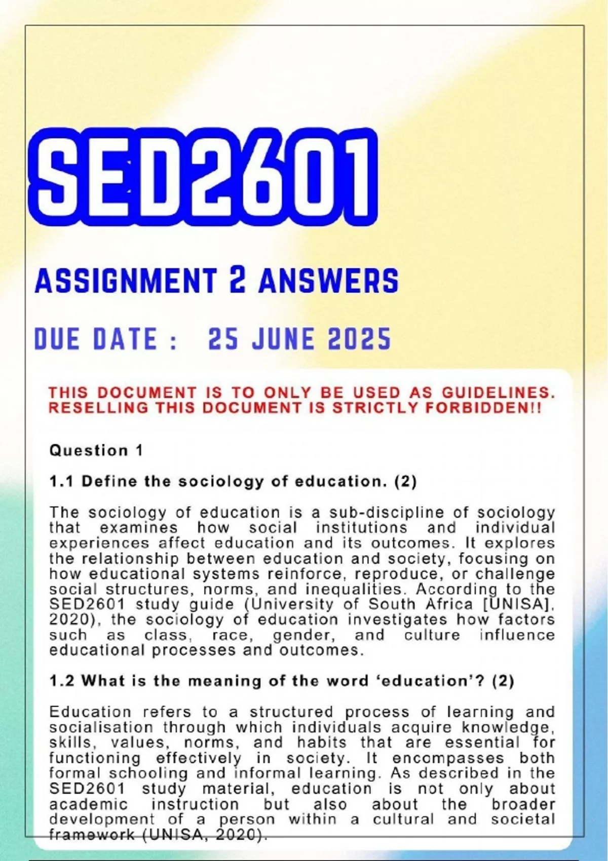 SED2601 ASSIGNMENT 2 2025 MEMO (DUE 25 JUNE 2025) - Sed2601 (SED2601) - Stuvia SA
