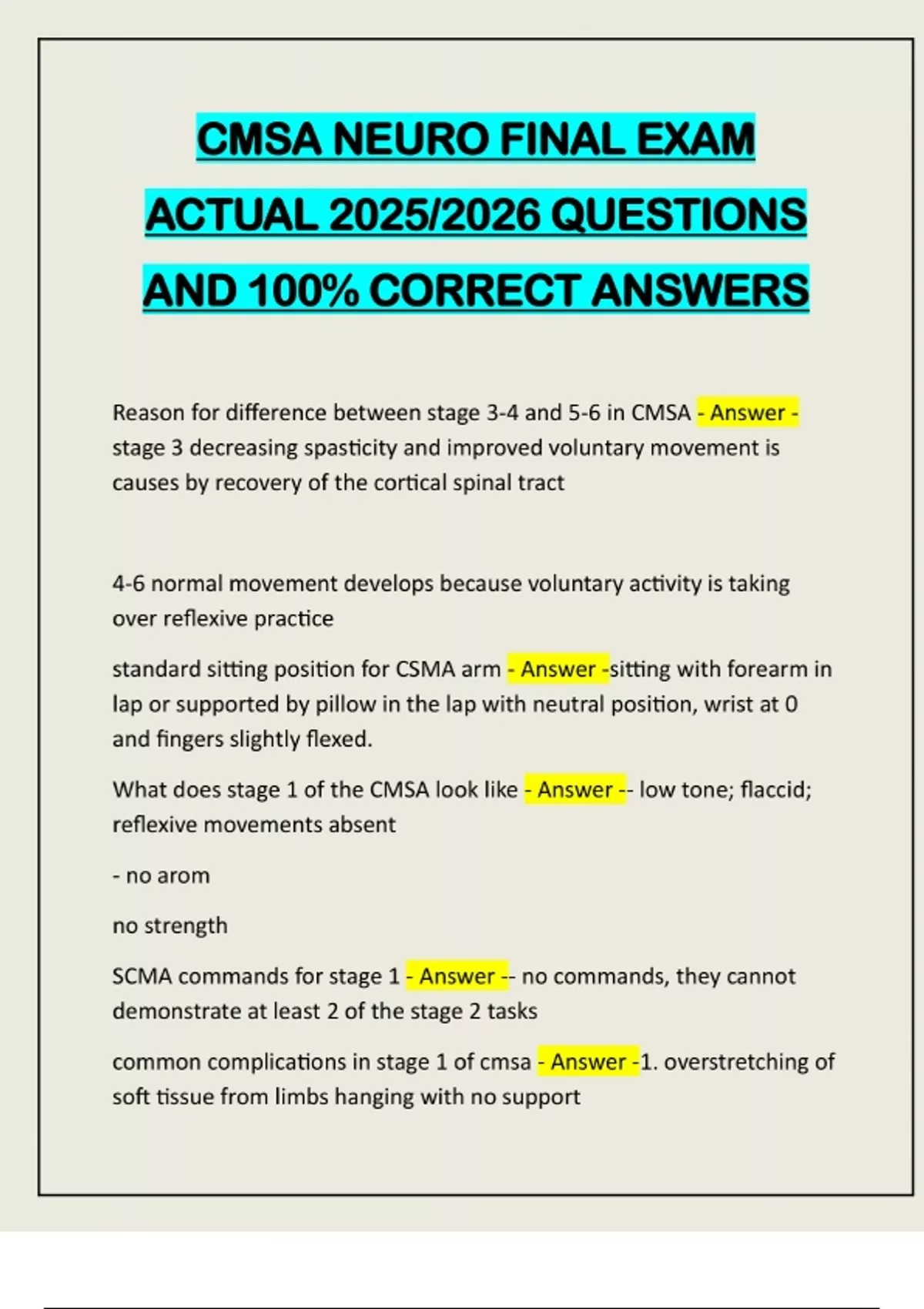 CMSA NEURO FINAL EXAM ACTUAL 2025/2026 QUESTIONS AND 100% CORRECT ANSWERS - CMSA - Stuvia US