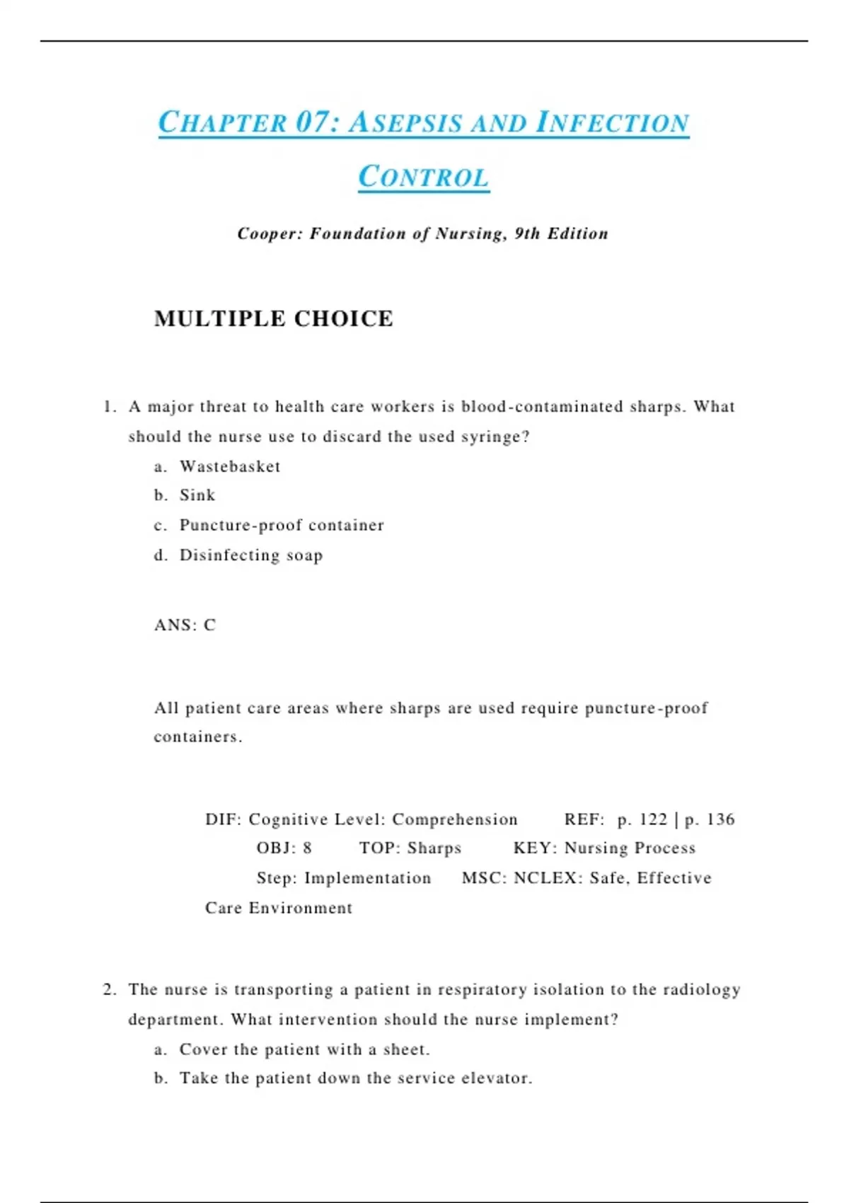 CHAPTER 07: ASEPSIS AND INFECTION CONTROL |Cooper: Foundation of ...