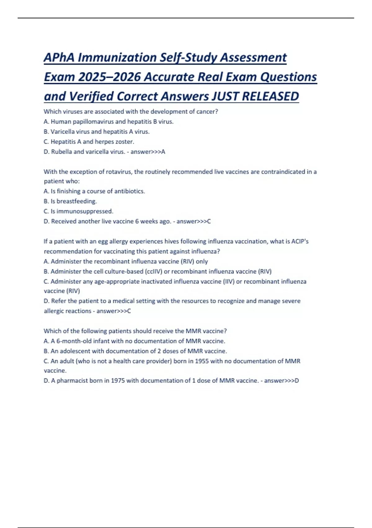 APhA Immunization Self-Study Assessment Exam 2025–2026 pharmacist ...