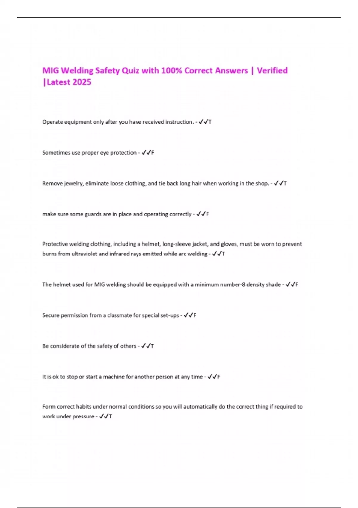 MIG Welding Safety Quiz with 100% Correct Answers | Verified |Latest ...