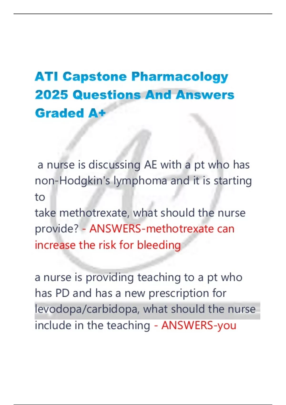 ATI Capstone Pharmacology 2025 Questions And Answers Graded A+ - ATI ...