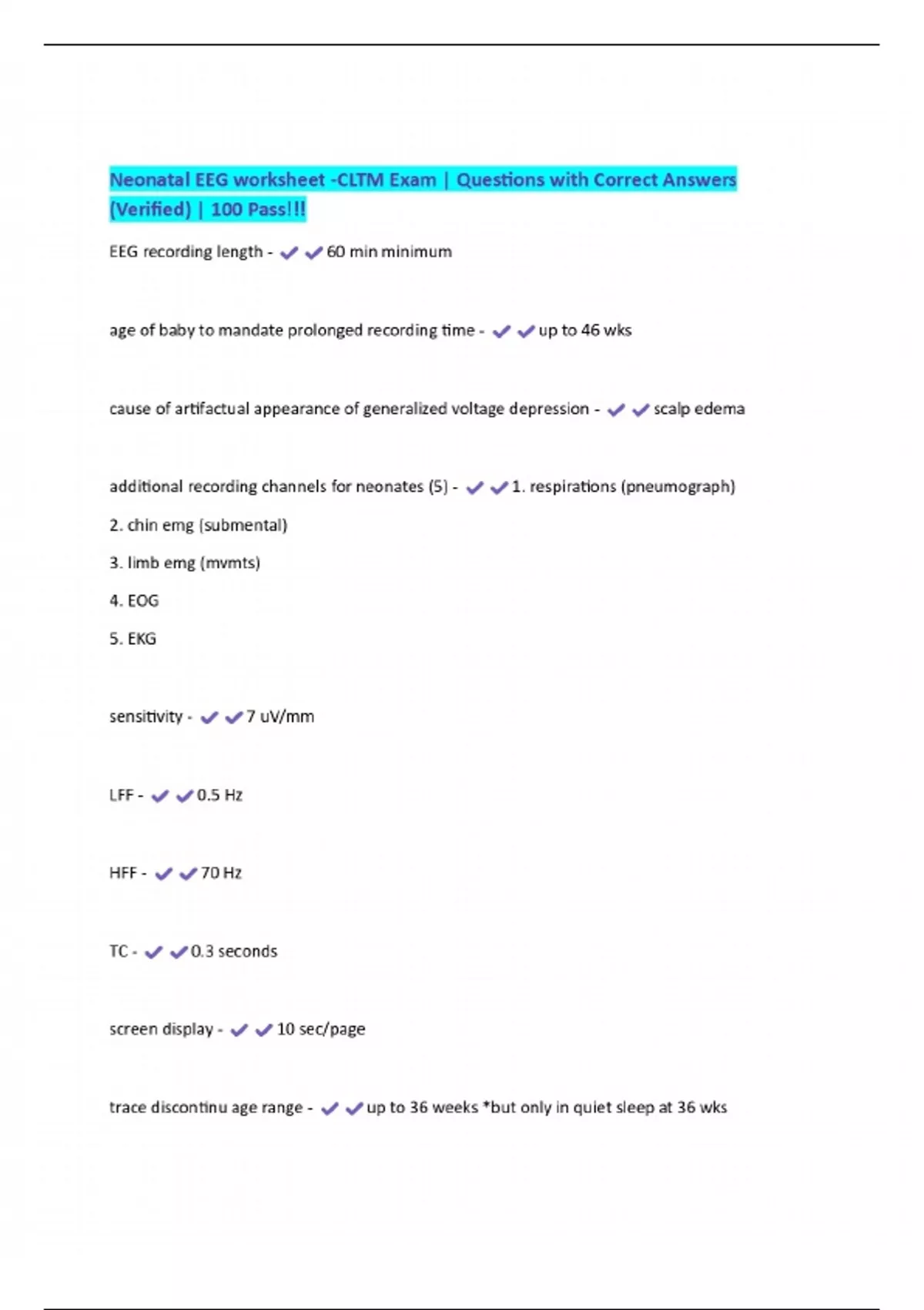 Neonatal EEG worksheet -CLTM Exam | Questions with Correct Answers ...