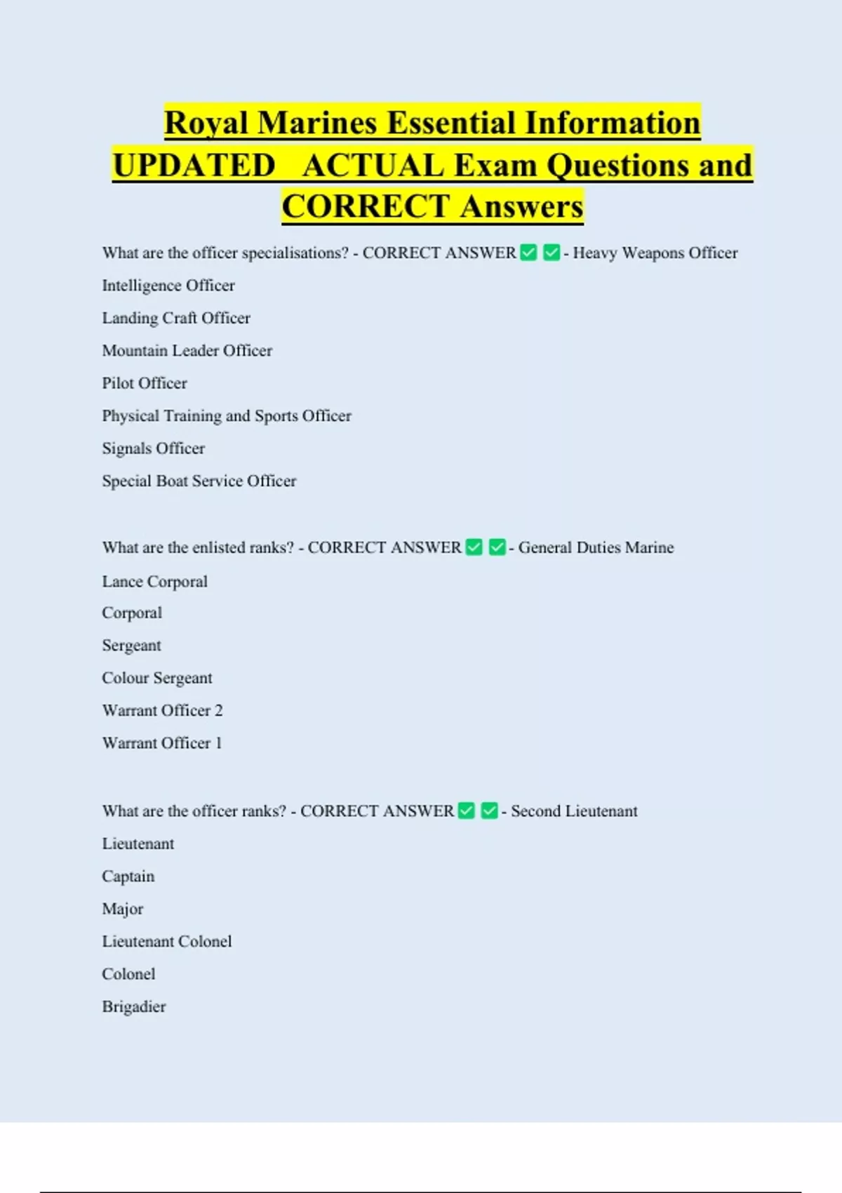 Royal Marines Essential Information UPDATED ACTUAL Exam Questions and ...