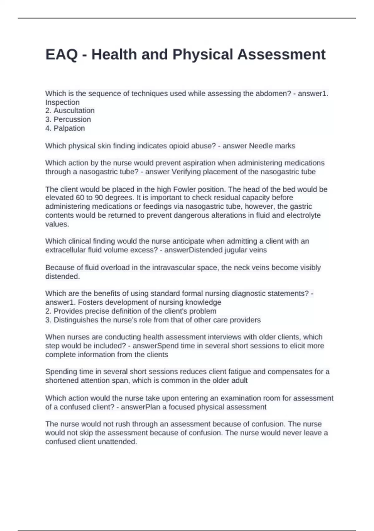 EAQ - Health and Physical Assessment Questions with Correct - EAQ ...