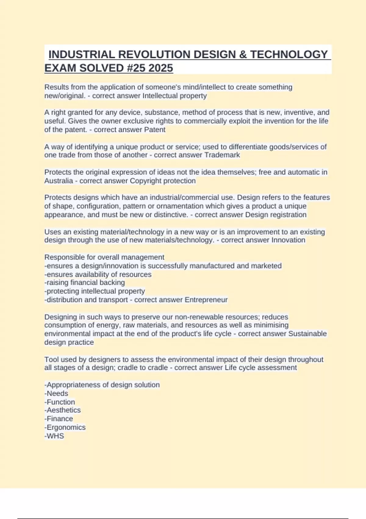 INDUSTRIAL REVOLUTION DESIGN & TECHNOLOGY EXAM SOLVED -25 2025 ...