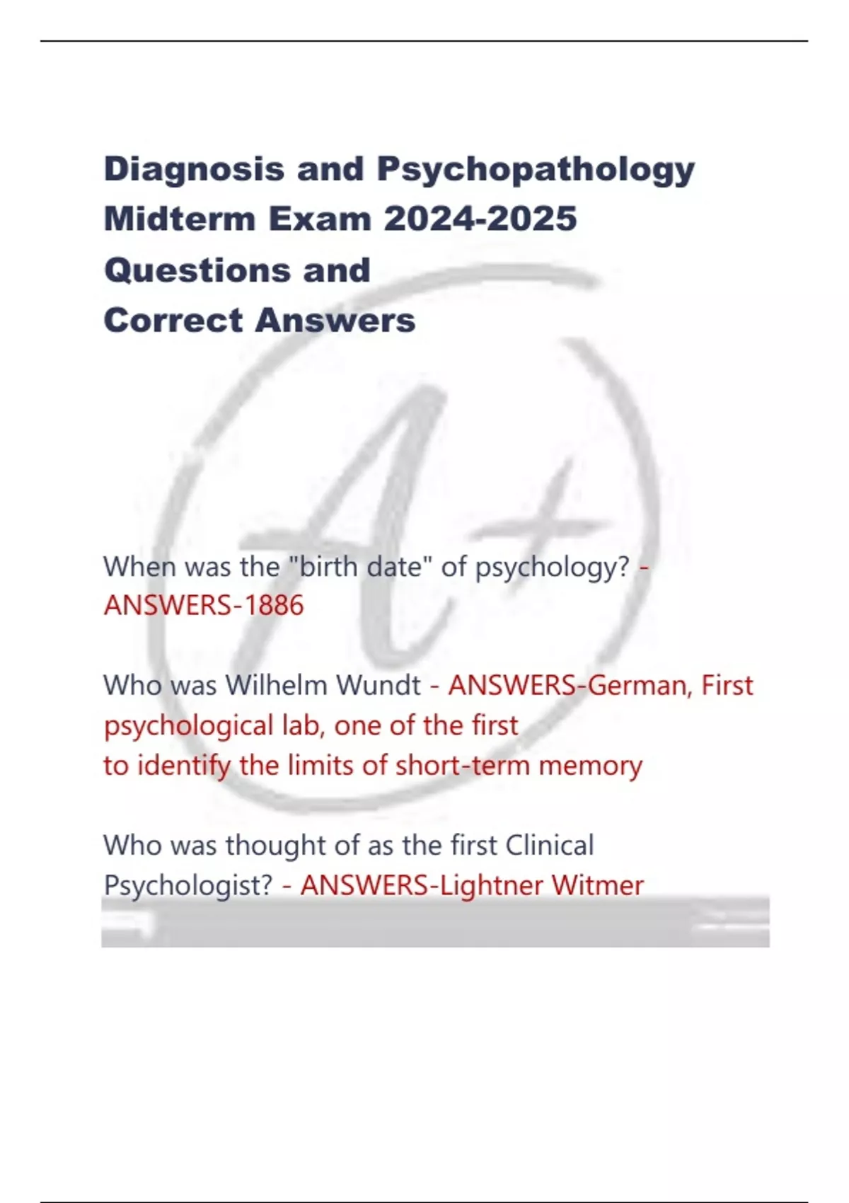 Diagnosis and Psychopathology Midterm Exam Questions and Correct ...