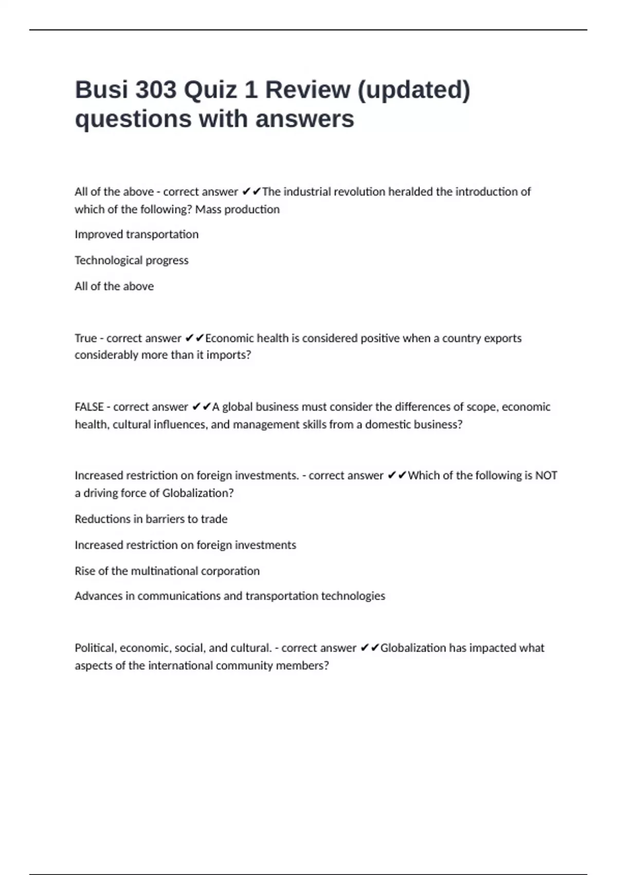 Busi 303 Quiz 1 Review (updated) questions with answers - BUSI 303 - Stuvia US