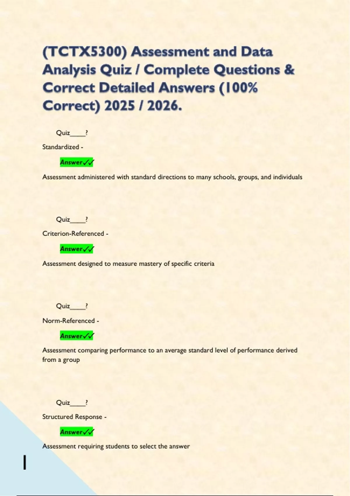 (TCTX5300) Assessment and Data Analysis Quiz / Complete Questions & Correct Detailed Answers ...