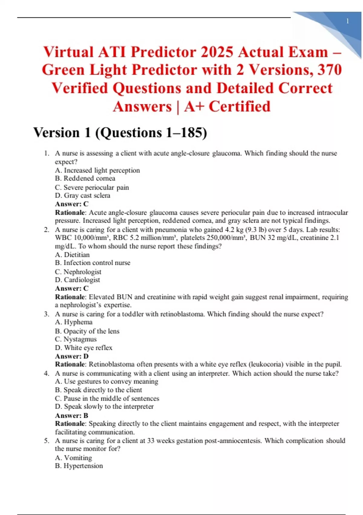 Virtual ATI Predictor 2025 Actual Exam – Green Light Predictor with 2 ...
