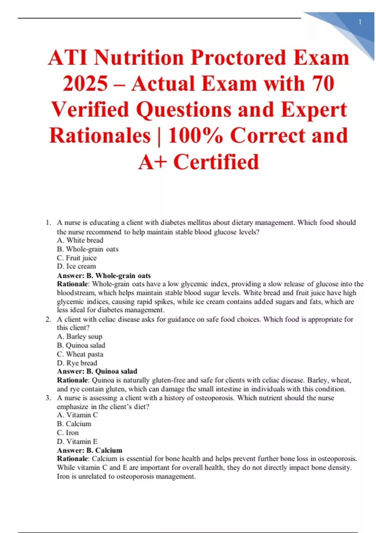ATI Nutrition Proctored Exam 2025 – Actual Exam with 70 Verified ...