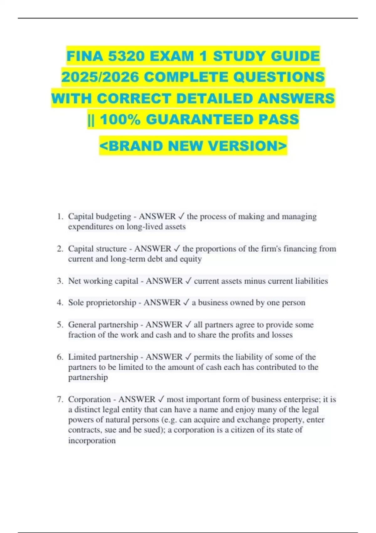 BUNDLE FOR FINA 5320 EXAM 1 , 2, 3 & FINAL EXAM STUDY GUIDE 2025/2026 ...