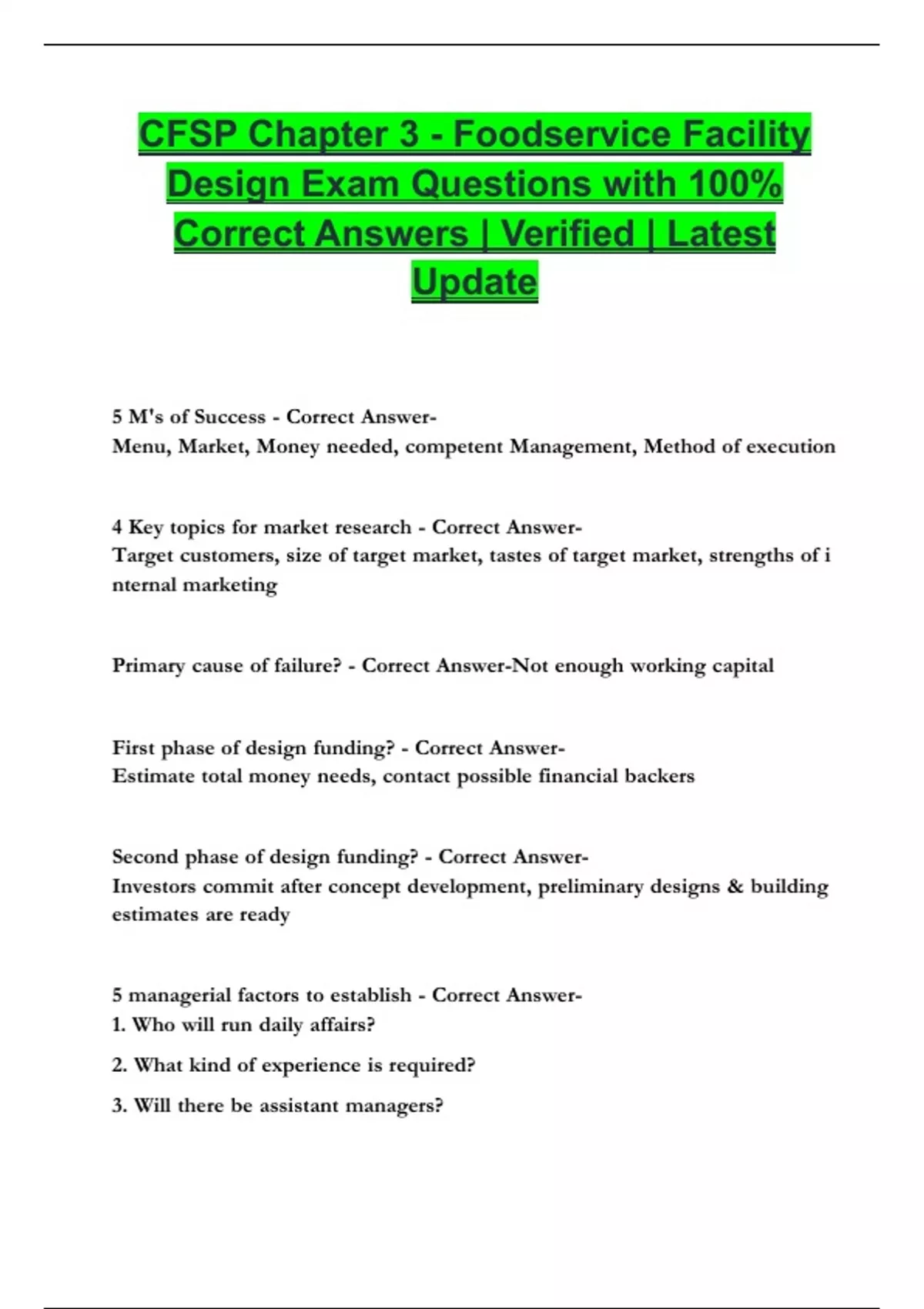 CFSP Chapter 3 - Foodservice Facility Design Exam Questions with 100% ...
