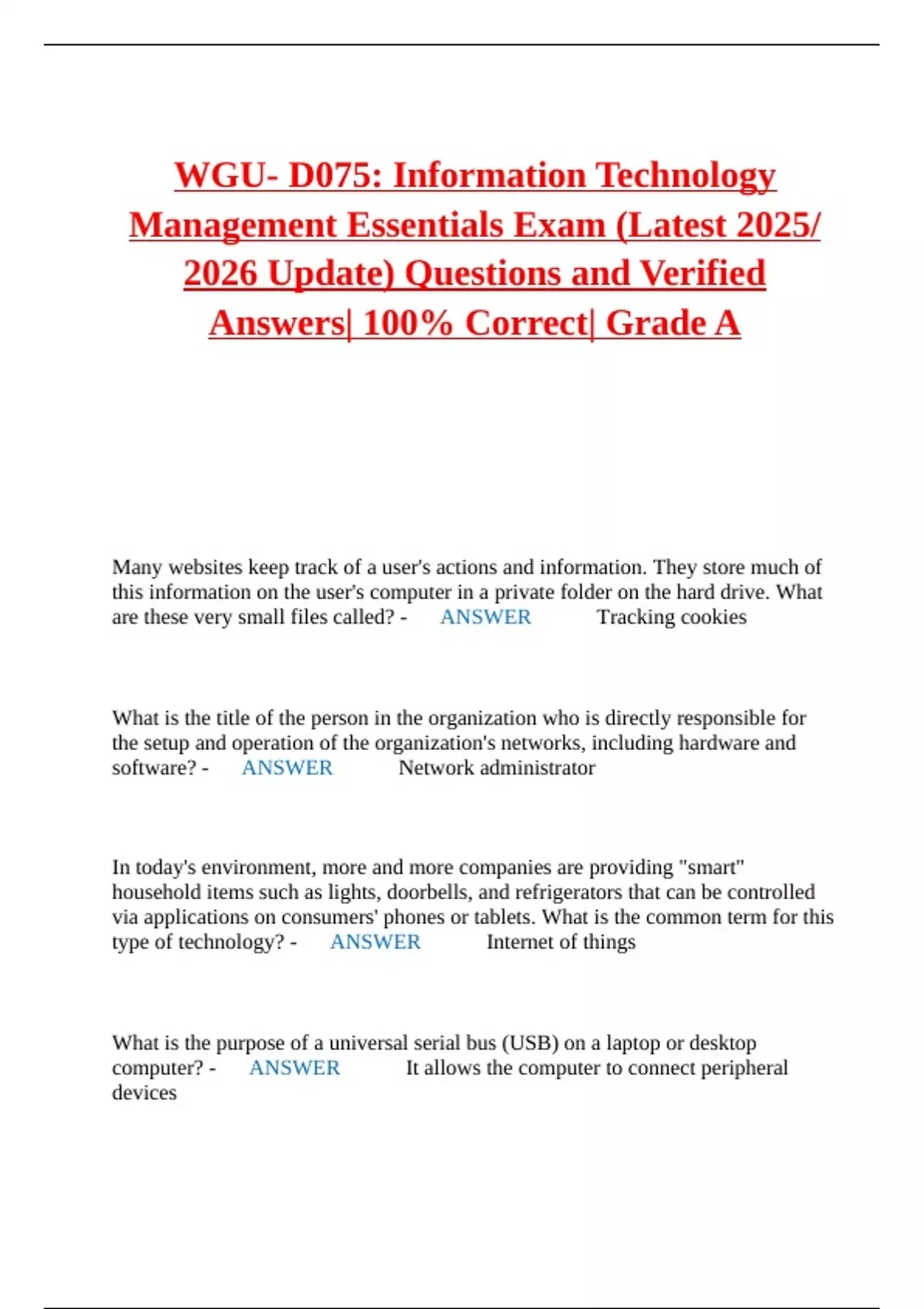 WGU- D075: Information Technology Management Essentials Exam (Latest ...