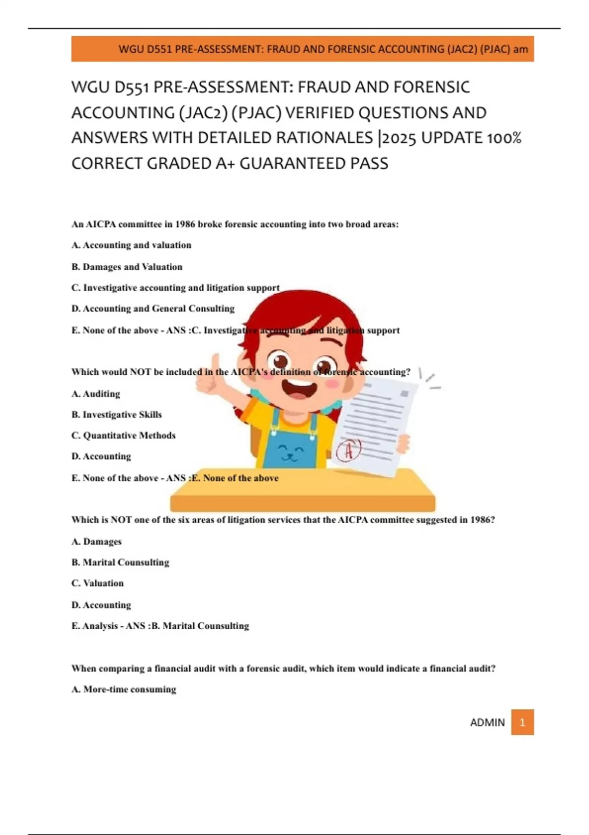 WGU D551 PRE-ASSESSMENT: FRAUD AND FORENSIC ACCOUNTING (JAC2) (PJAC ...