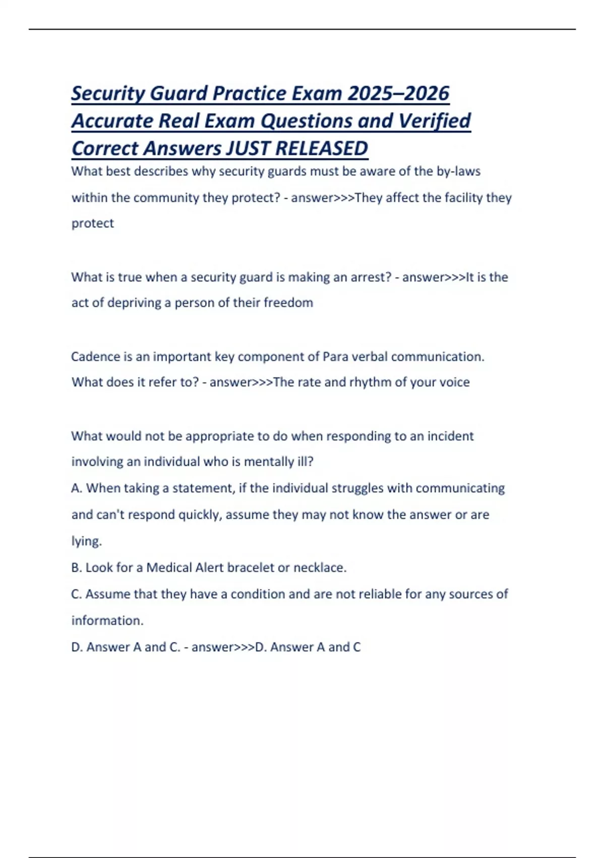 Security Guard Practice Exam 2025–2026 Accurate Real Exam Questions and Verified Correct Answers ...