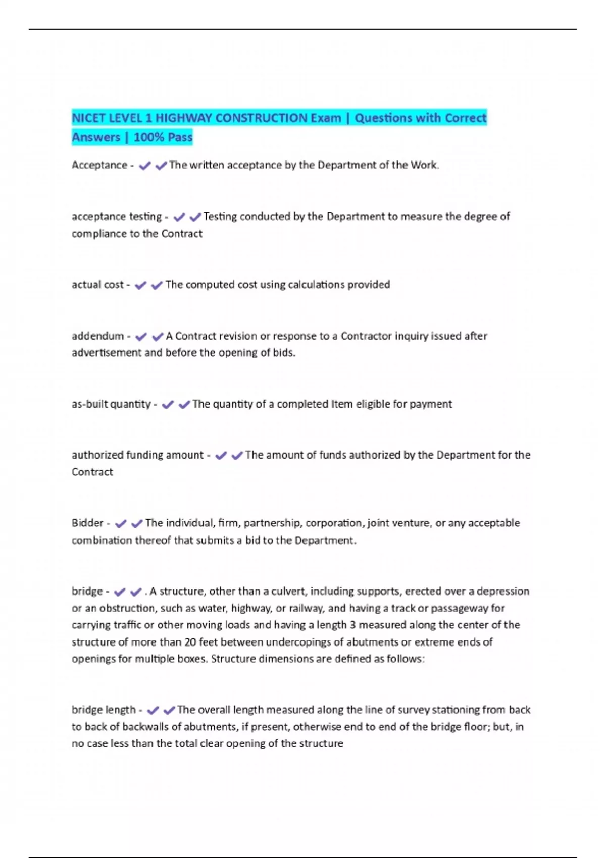 NICET LEVEL 1 HIGHWAY CONSTRUCTION Exam | Questions with Correct ...