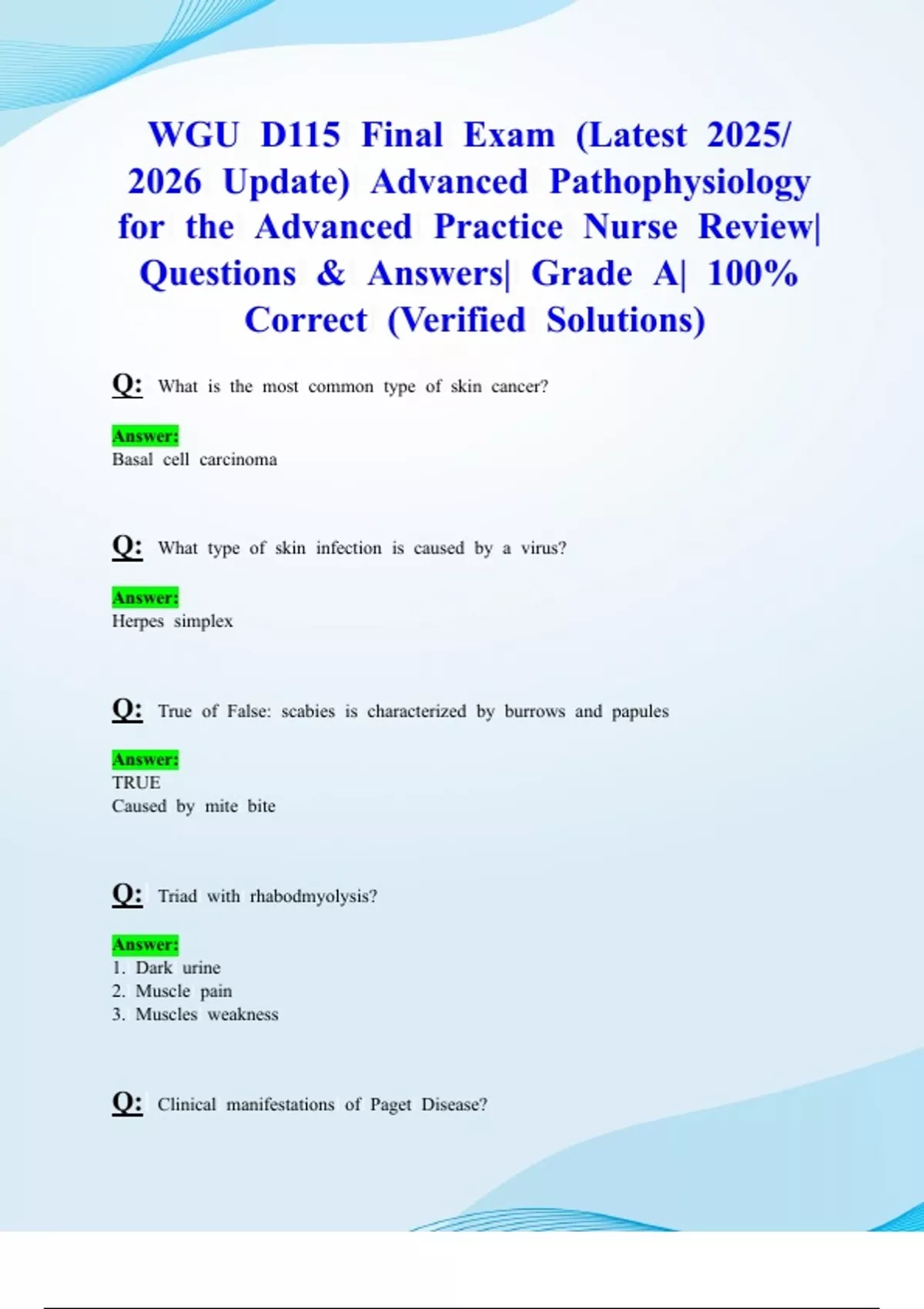 WGU D115 Final Exam (Latest 2025/ 2026 Update) Advanced Pathophysiology ...
