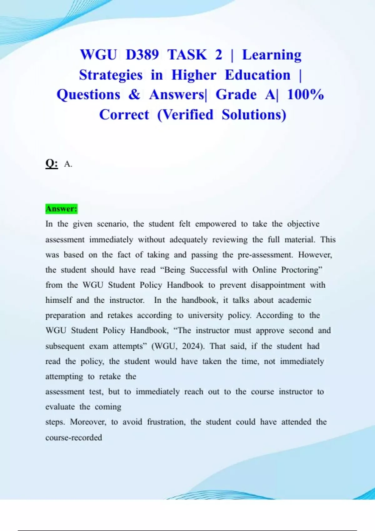 WGU D389 TASK 2 | Learning Strategies in Higher Education | Questions ...