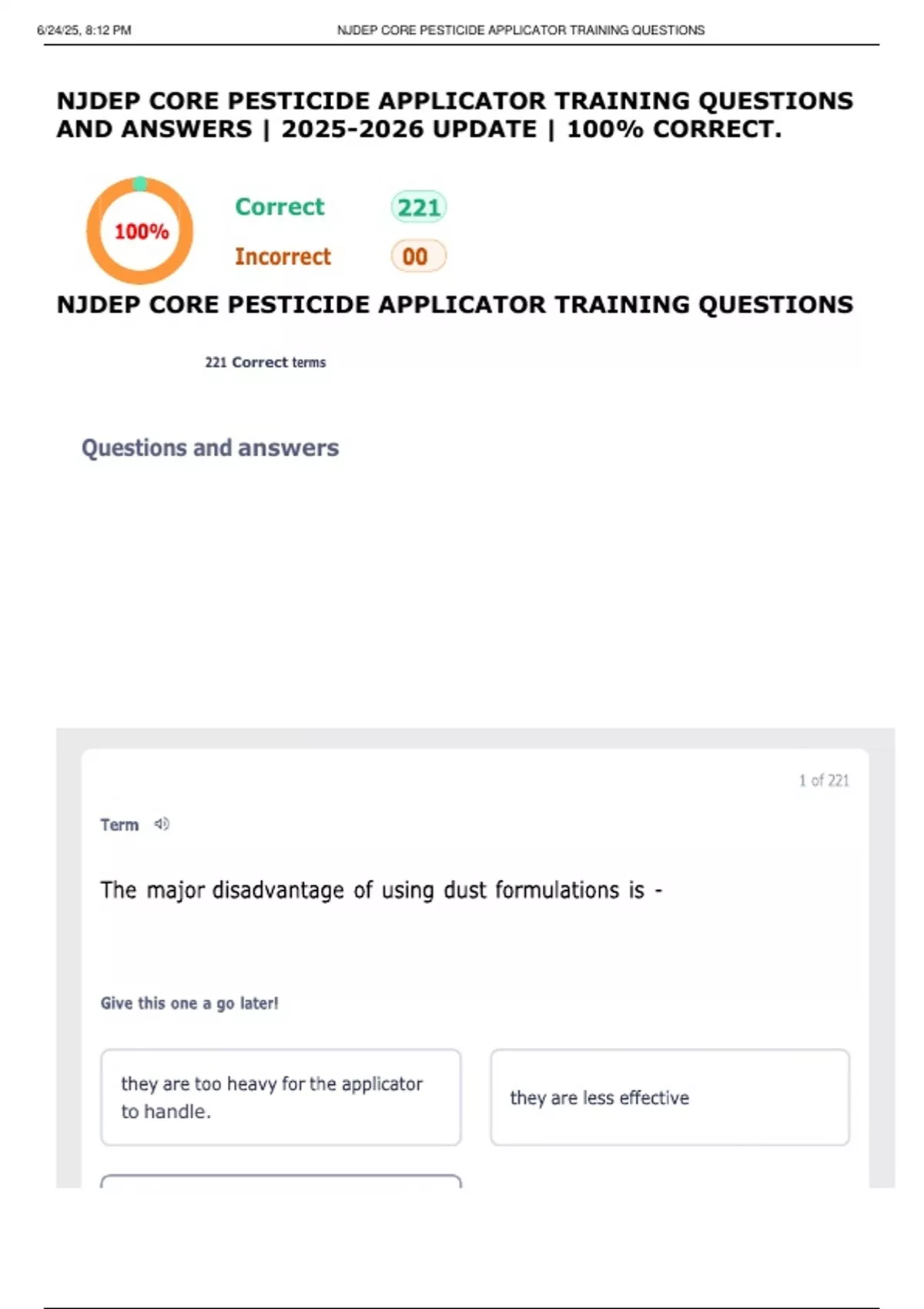 NJDEP CORE PESTICIDE APPLICATOR TRAINING QUESTIONS AND ANSWERS | UPDATE ...