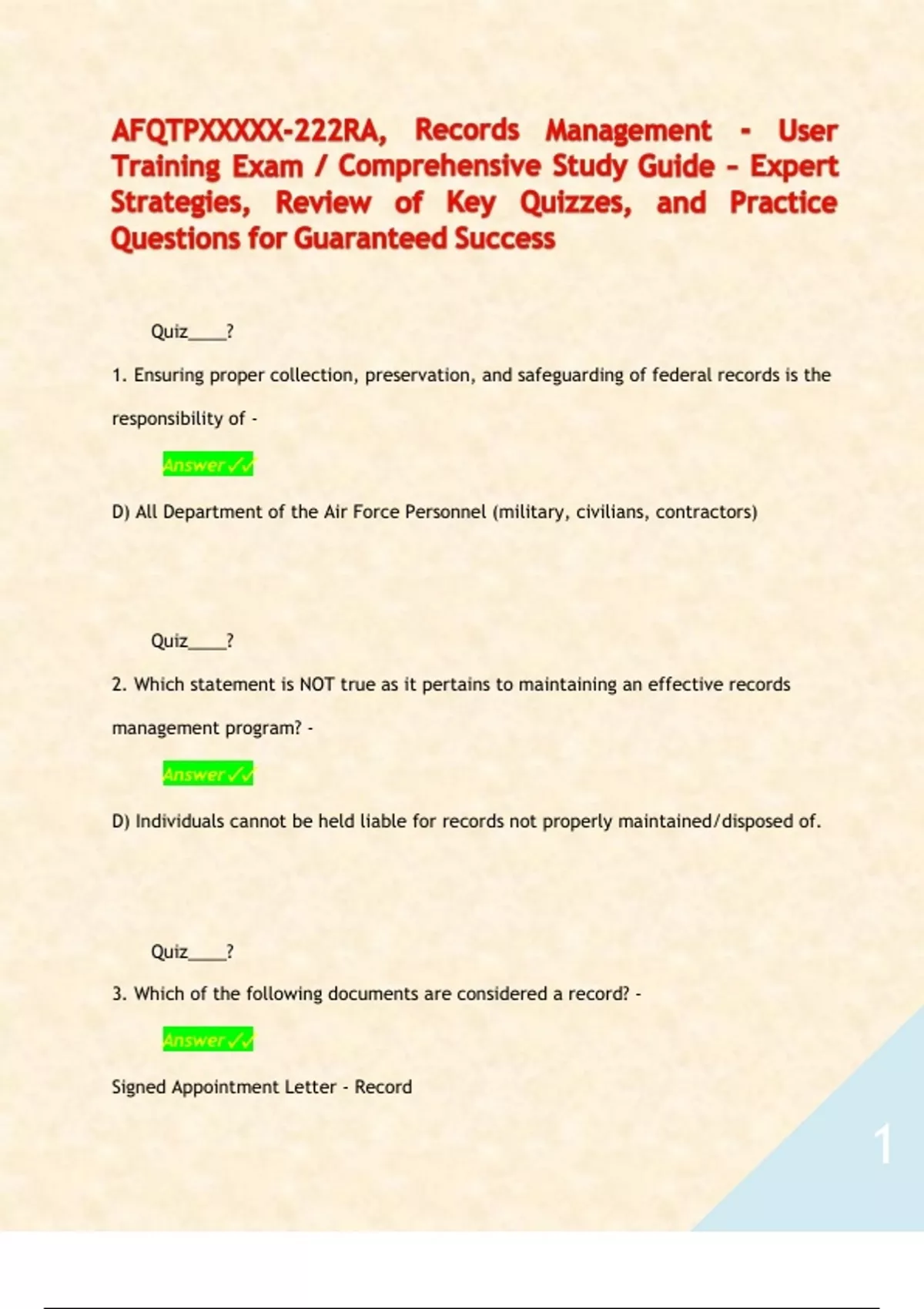 AFQTPXXXXX-222RA, Records Management - User Training Exam ...