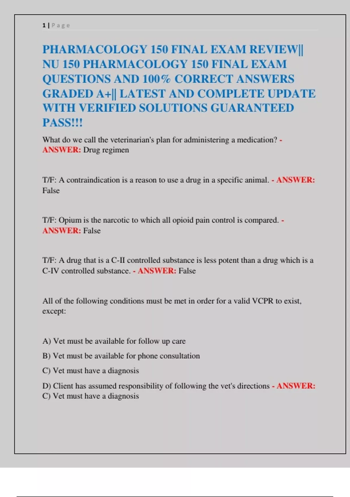 PHARMACOLOGY 150 FINAL EXAM REVIEW|| NU 150 PHARMACOLOGY 150 FINAL EXAM QUESTIONS AND 100% ...