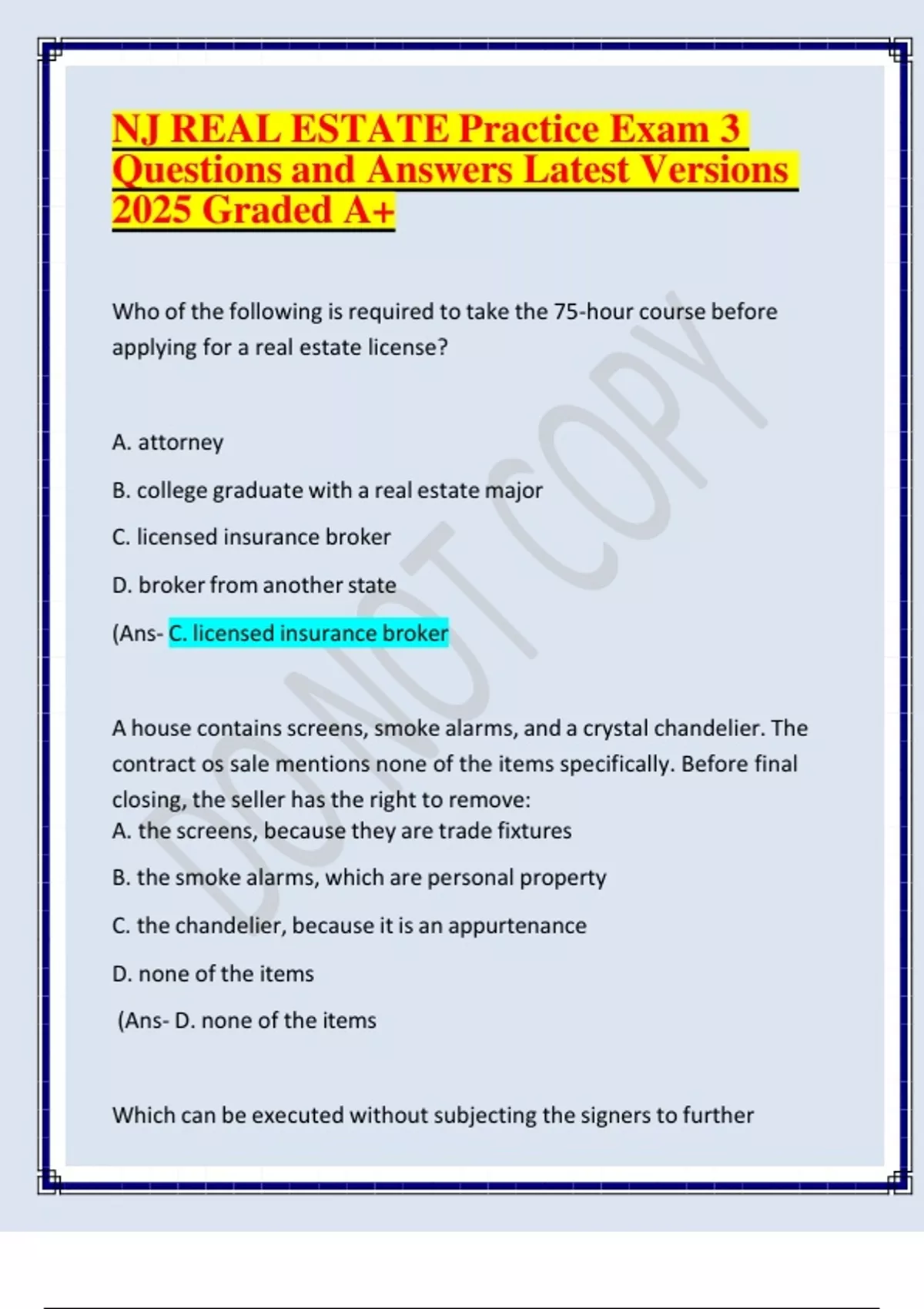 NJ REAL ESTATE Practice Exam 3 Questions and Answers Latest Versions ...