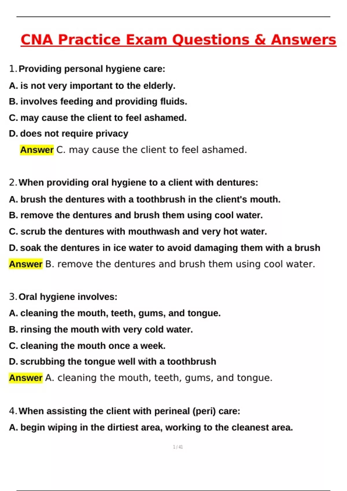 CNA Practice Exam Latest 2025 Actual Questions & Verified Answers (2025 ...
