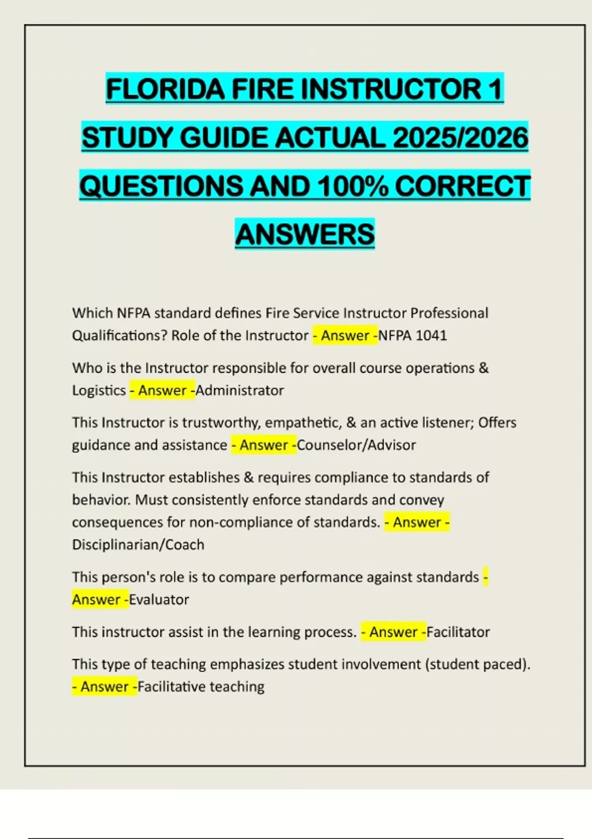 FLORIDA FIRE INSTRUCTOR 1 STUDY GUIDE ACTUAL 2025/2026 QUESTIONS AND 100% CORRECT ANSWERS - Fire ...