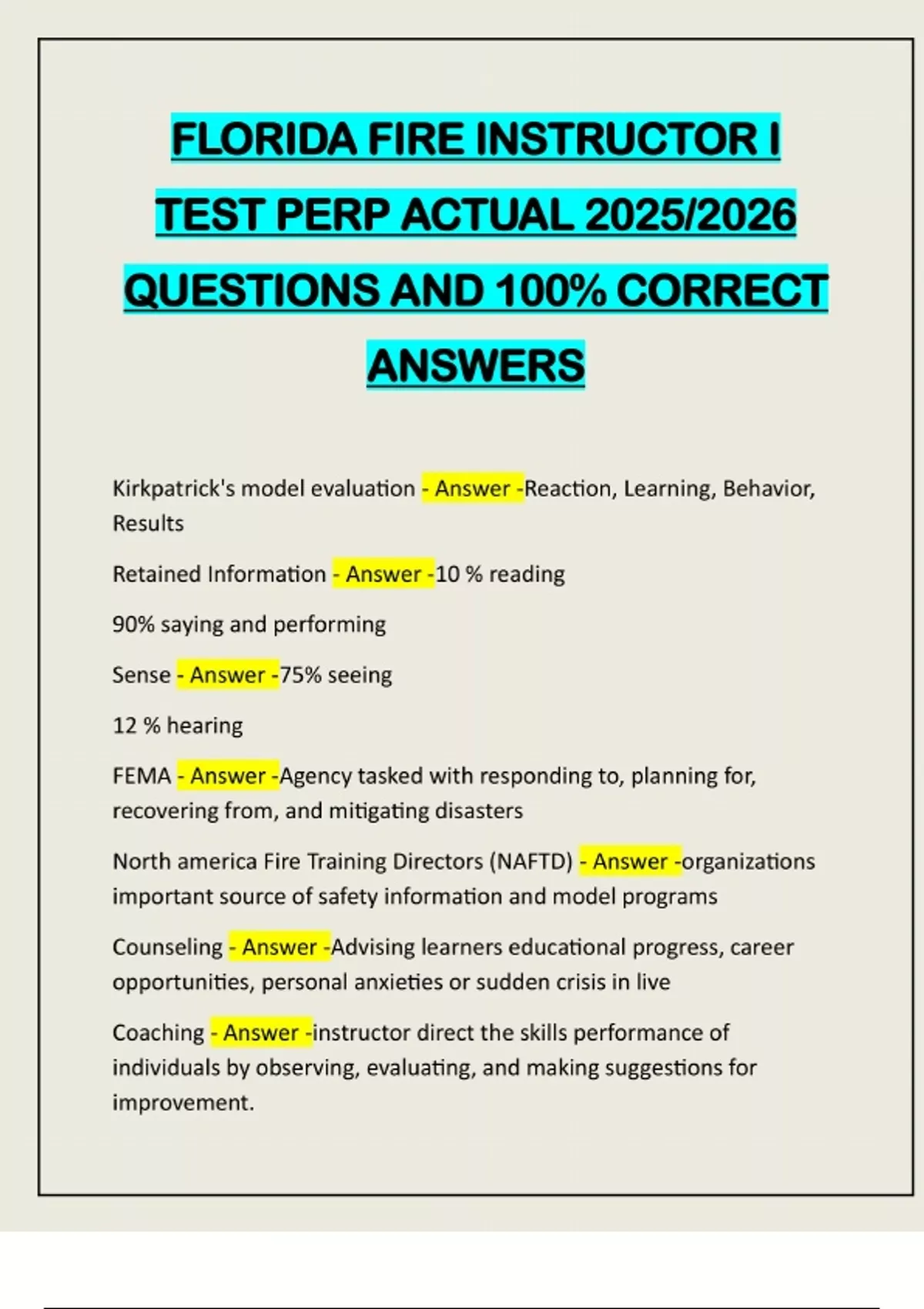 FLORIDA FIRE INSTRUCTOR I TEST PERP ACTUAL 2025/2026 QUESTIONS AND 100% ...