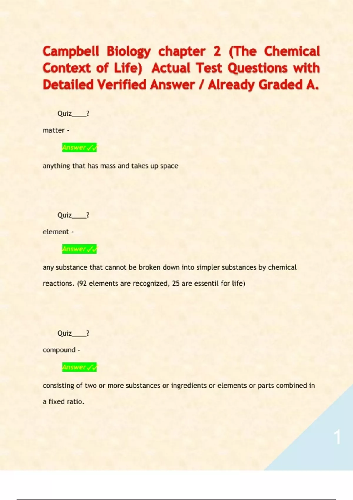Campbell Biology Chapter 1, 2 & 12 Compilation BUNDLE Actual Questions ...