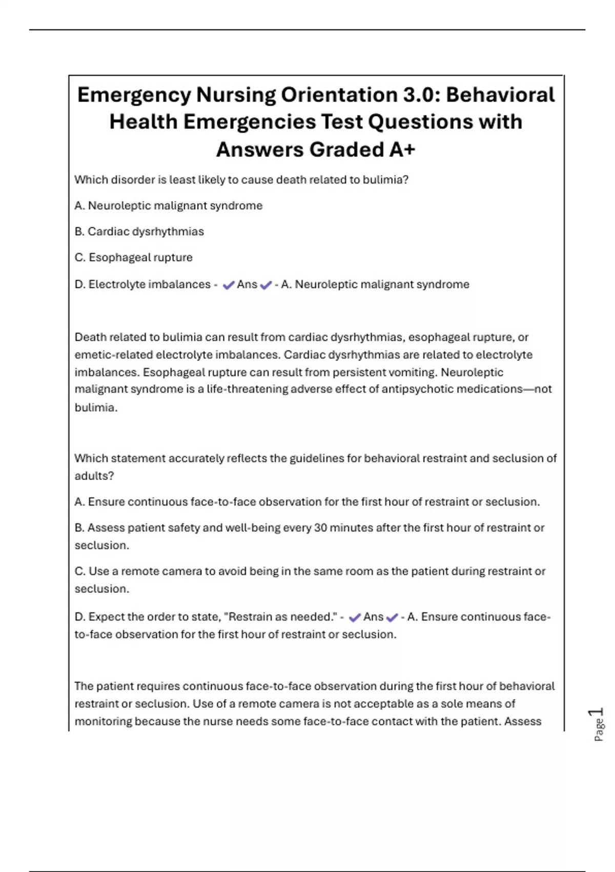 Emergency Nursing Orientation 3.0: Behavioral Health Emergencies Test ...