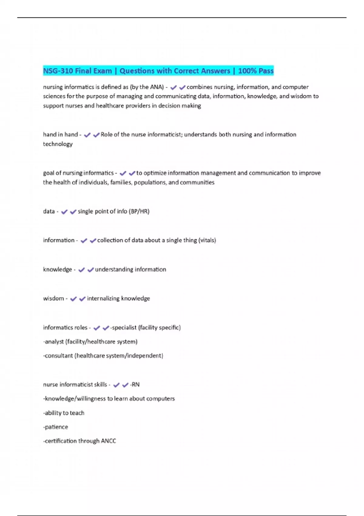 NSG-310 Final Exam | Questions with Correct Answers | 100% Pass - NSG ...