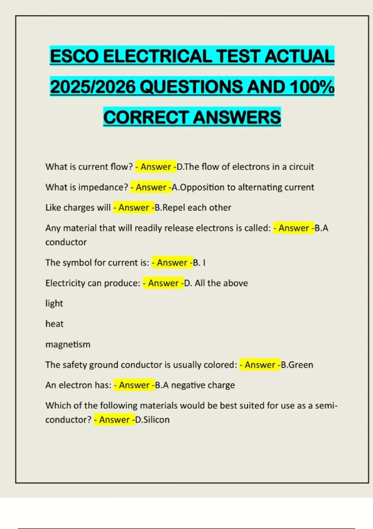 ESCO ELECTRICAL TEST ACTUAL 2025/2026 QUESTIONS AND 100% CORRECT ...