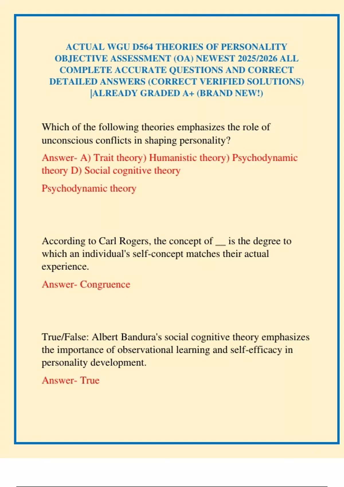 ACTUAL WGU D564 THEORIES OF PERSONALITY OBJECTIVE ASSESSMENT (OA) NEWEST 2025/2026 ALL COMPLETE ...