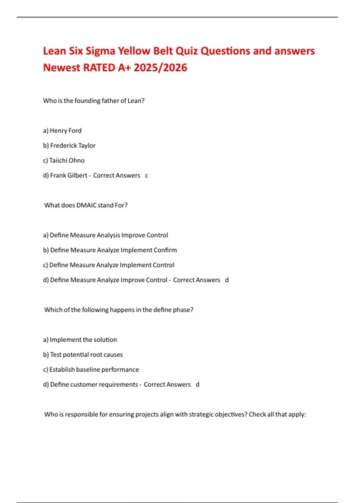 Lean Six Sigma Yellow Belt Quiz Questions and answers Newest RATED A+ ...