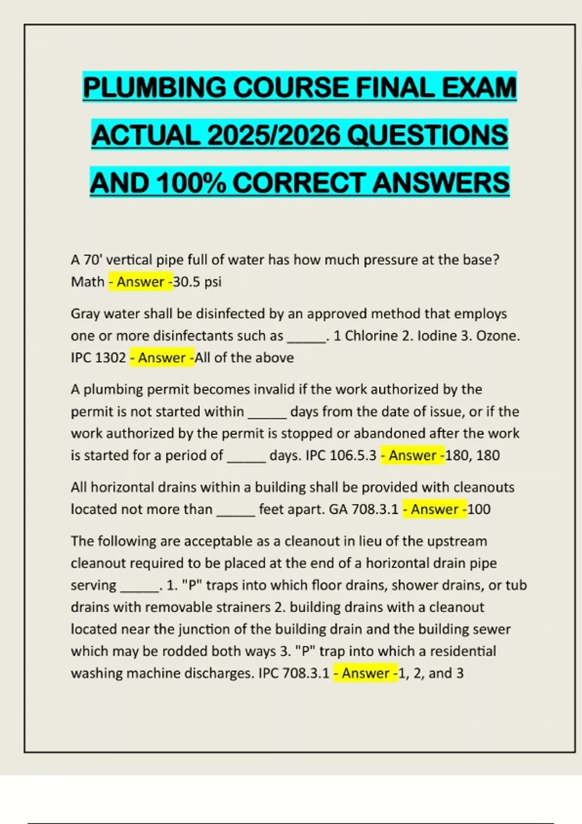 PLUMBING COURSE FINAL EXAM ACTUAL 2025/2026 QUESTIONS AND 100% CORRECT ...