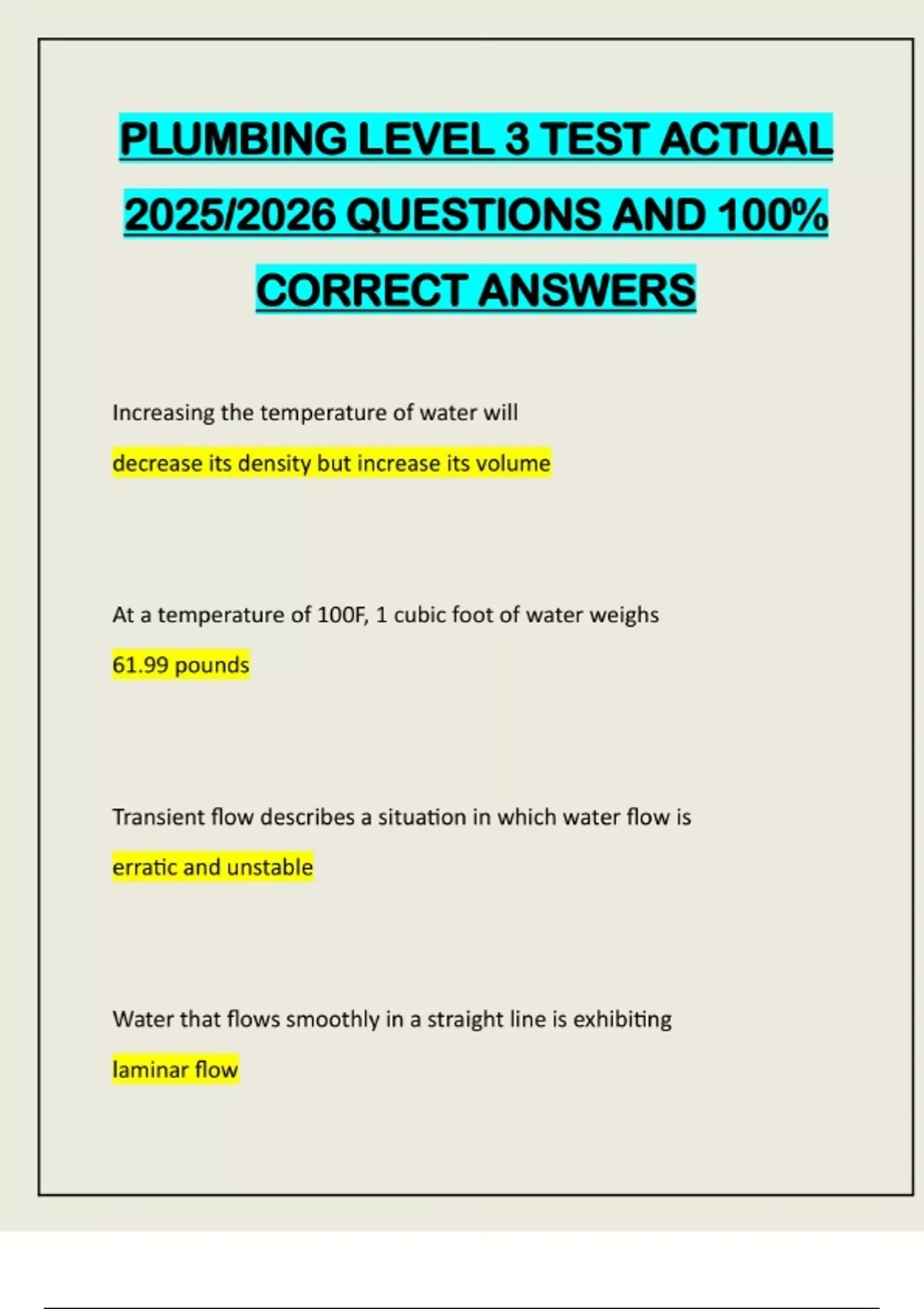 PLUMBING LEVEL 3 TEST ACTUAL 2025/2026 QUESTIONS AND 100% CORRECT ...