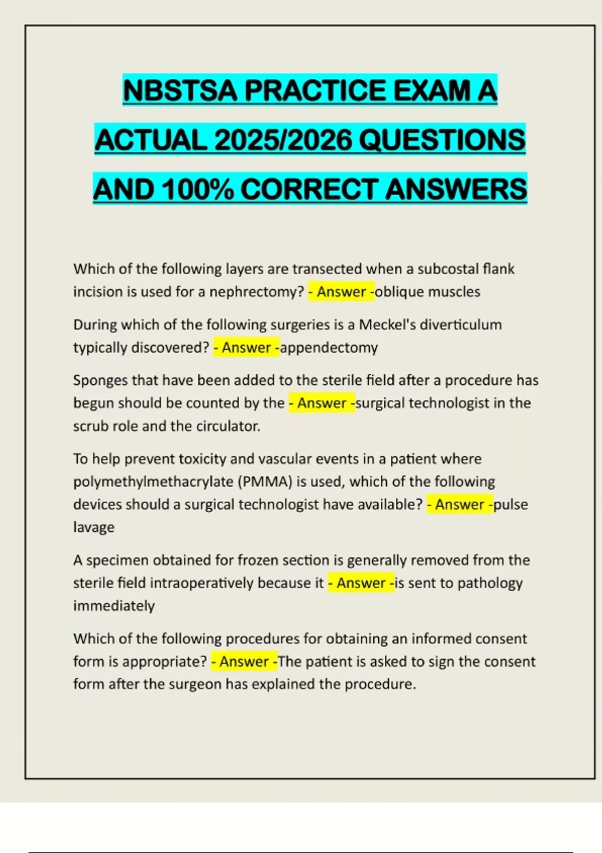 NBSTSA PRACTICE EXAM A ACTUAL 2025/2026 QUESTIONS AND 100% CORRECT ANSWERS - Nbstsa - Stuvia US