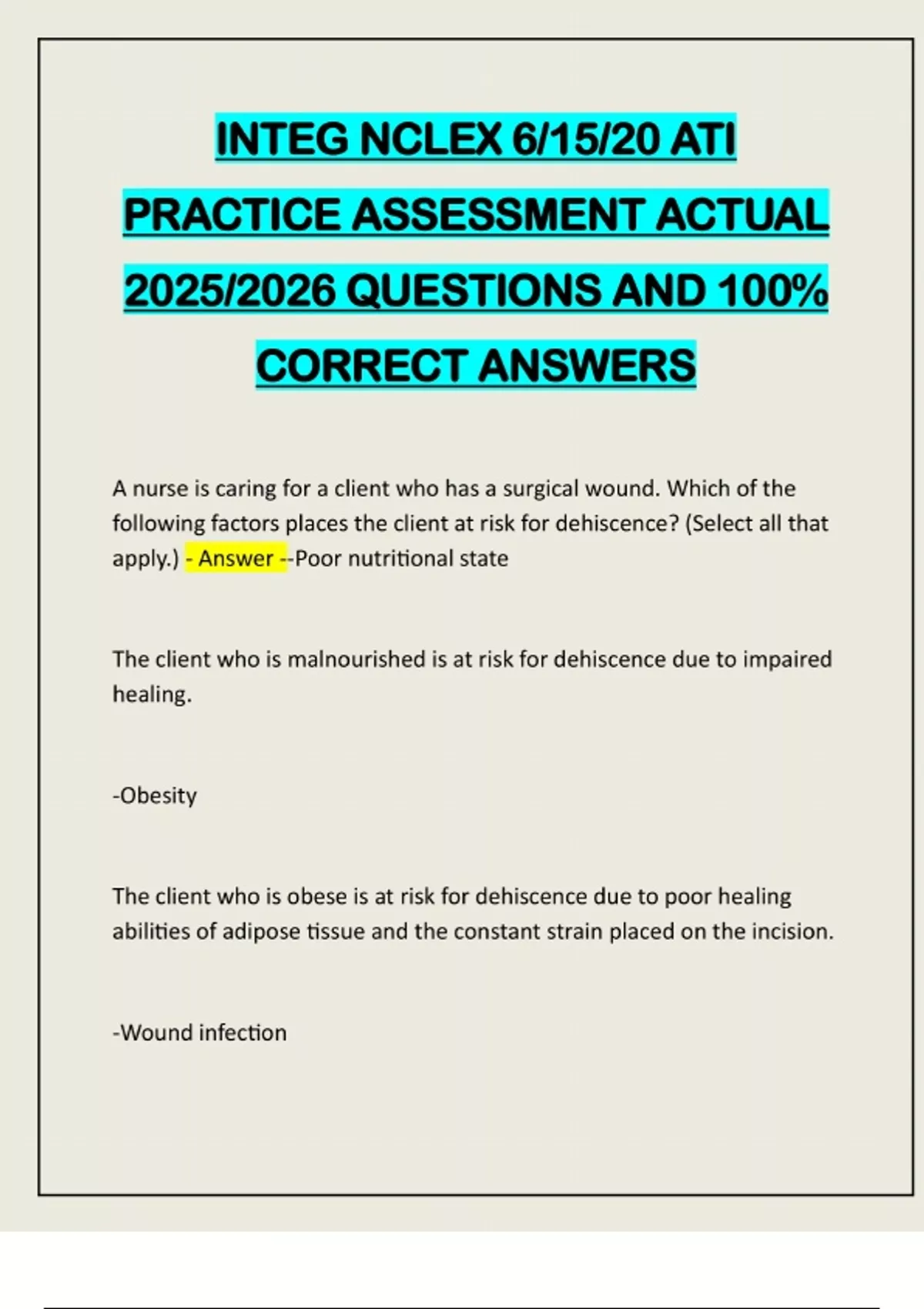INTEG NCLEX 6/15/20 ATI PRACTICE ASSESSMENT ACTUAL 2025/2026 QUESTIONS AND 100% CORRECT ANSWERS ...
